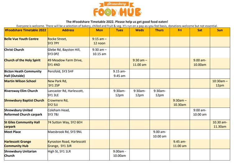 Our Foodshare Timetable | Shrewsbury Food Hub | Get Surplus Food